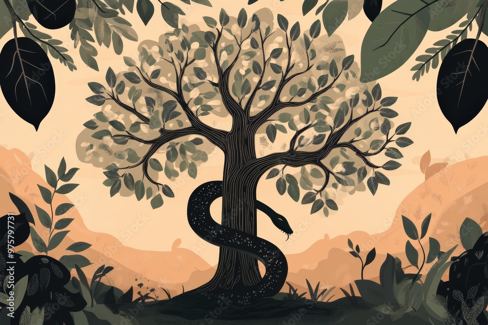 Illustration of the biblical tree of knowledge with a black snake ...