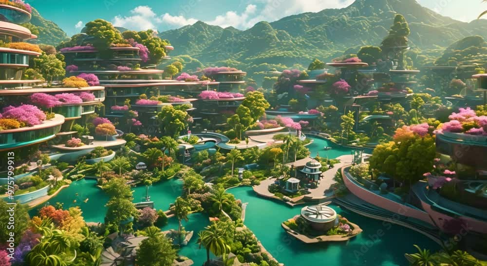 Scene depicting an AI controlled utopia, emphasizing a bright and ...