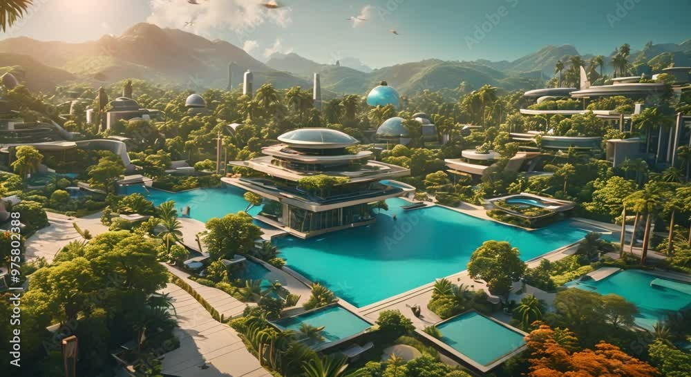 Scene depicting an AI controlled utopia, emphasizing a bright and ...