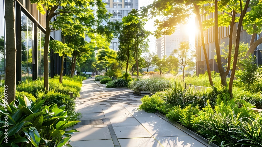Lush Urban Green Corridor with Sustainable Native Landscaping Promoting ...