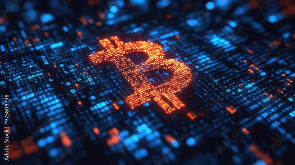 Digital currency icon with a dollar sign, surrounded by binary code ...