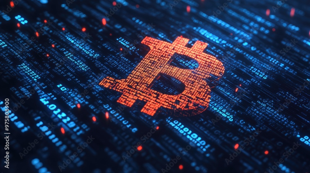 Digital currency icon with a dollar sign, surrounded by binary code ...