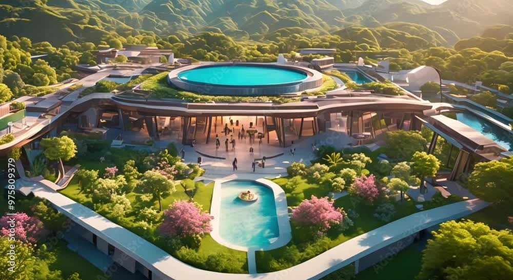 Scene depicting an AI controlled utopia, emphasizing a bright and ...