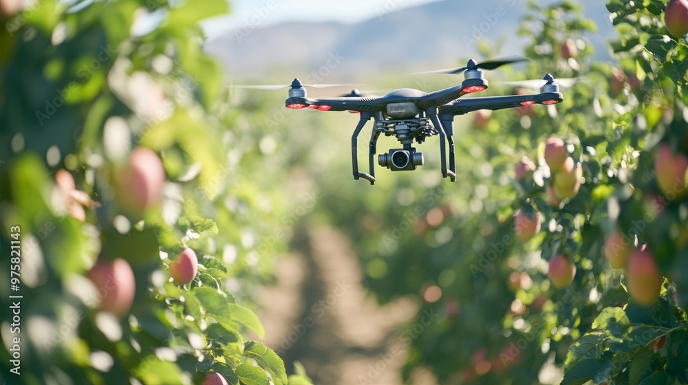 Drone equipped with thermal sensors flying over an orchard ...