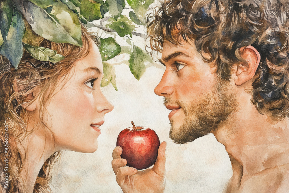 Watercolor painting of eve offering the forbidden apple to adam from ...