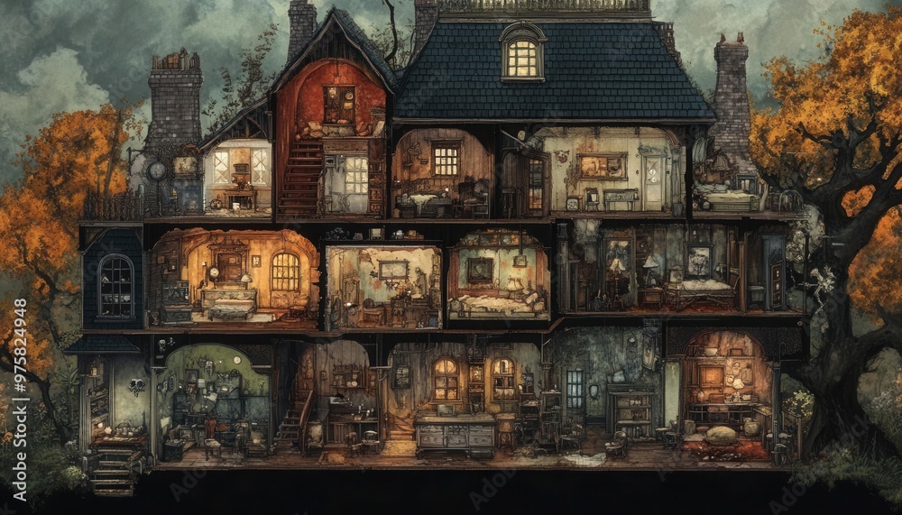 Cutaway of a haunted house showing spooky rooms and hidden traps Stock ...