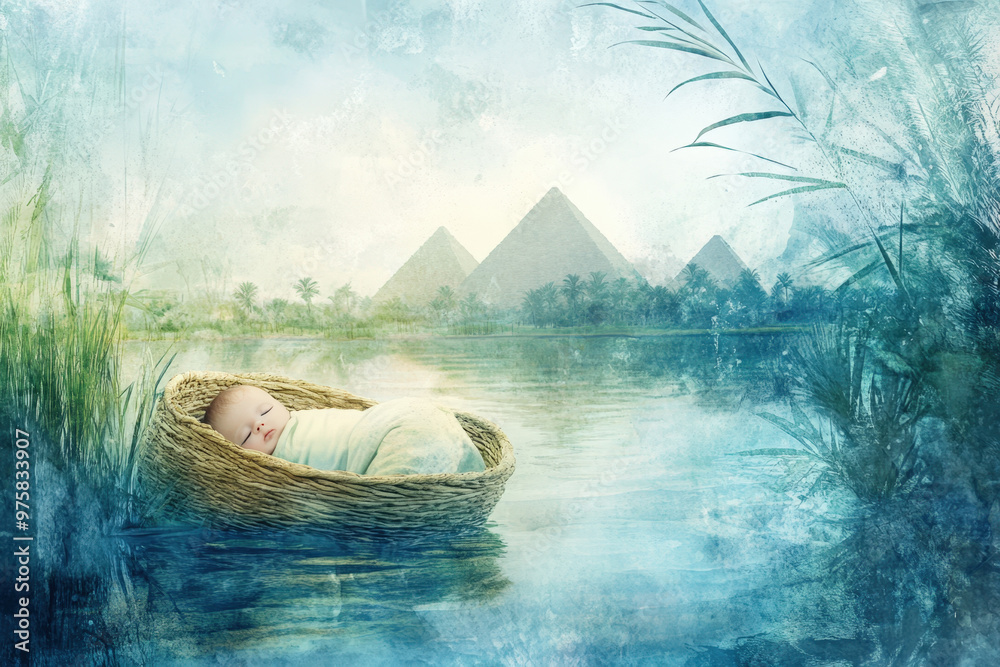 Baby Moses is sleeping peacefully in a basket floating on the nile ...
