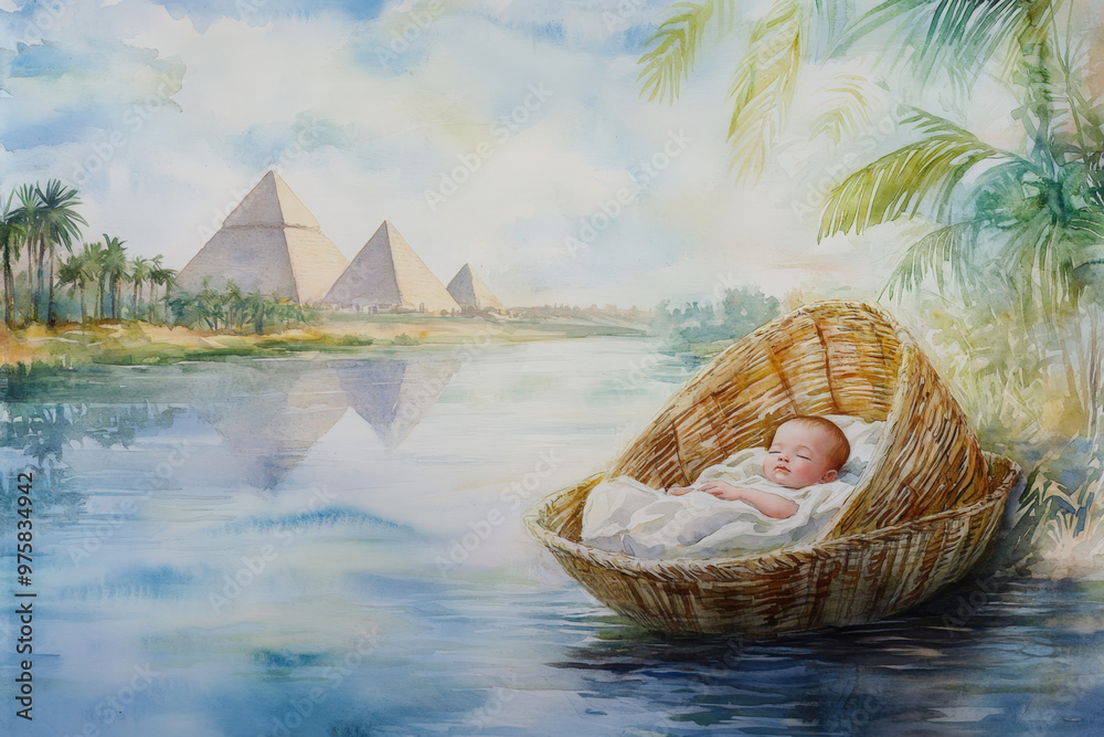 Watercolor painting of a Baby Moses sleeping in a basket floating on ...