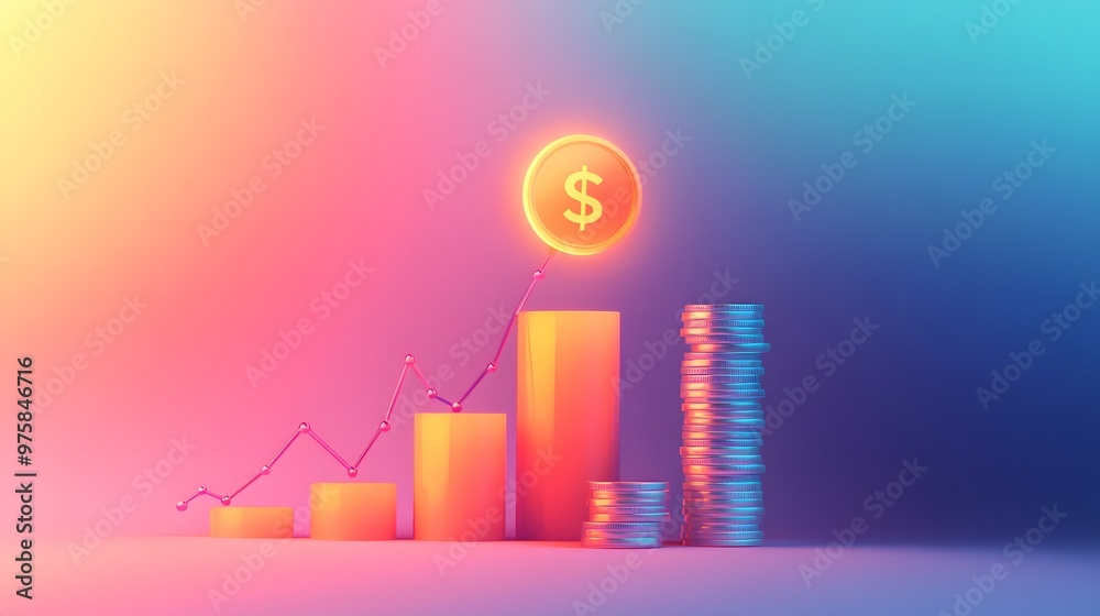 A vibrant illustration depicts a financial chart showing growth with ...