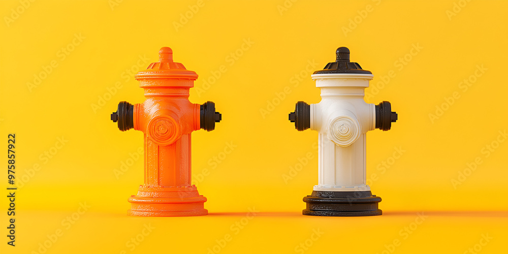 Orange and White Fire Hydrants Side by Side on Bright Yellow Background ...