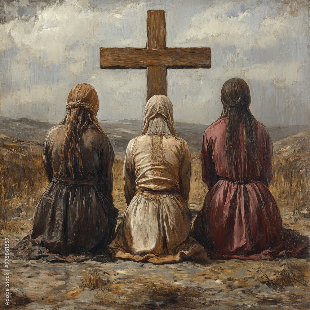 Rear view of three women in robes, kneeling and praying before a wooden ...