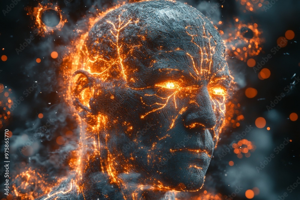 Abstract close up of a human face with glowing molten lava like ...