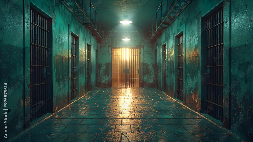 Scary prison corridor with jail cells on each side and a green light ...