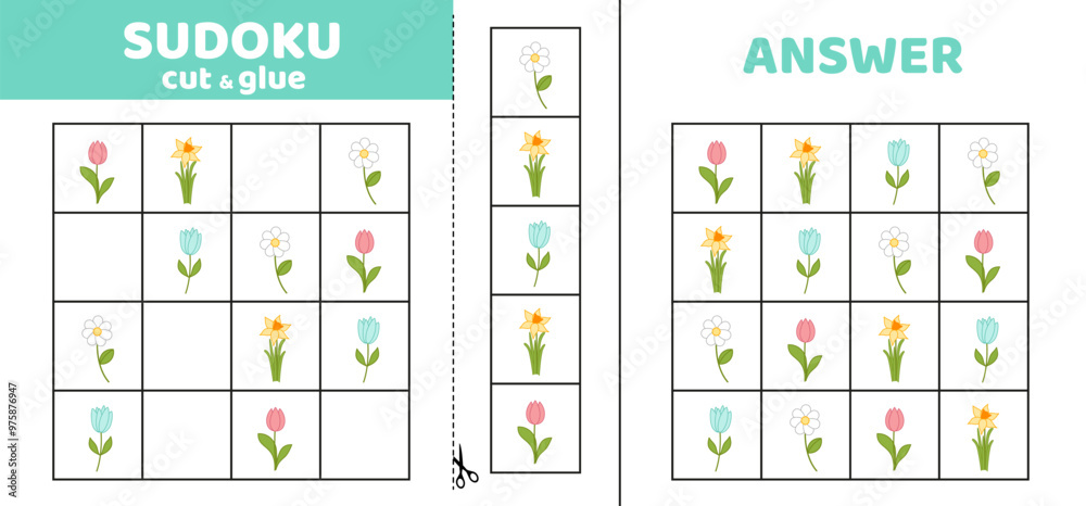 Sudoku with four spring flowers. Game puzzle for kids. Cut and glue ...