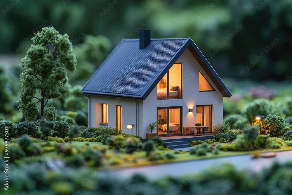 Explore a small house model set in a lush rural area, highlighting ...