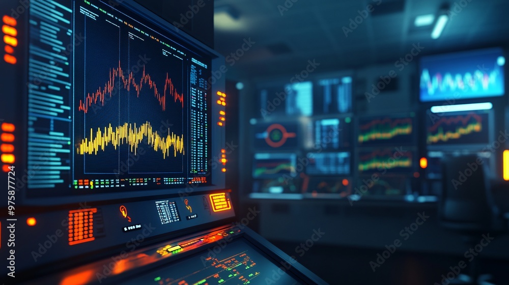 Realistic style, trading screen with realistic arrow fluctuations ...