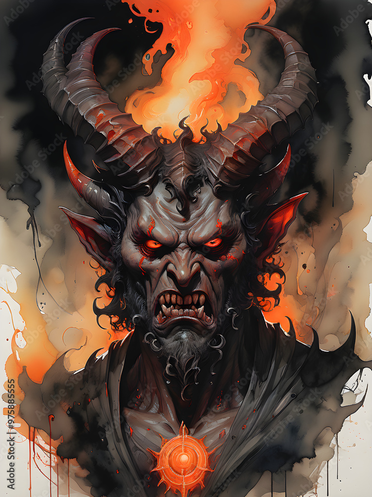 Asmodeus, Behemoth, Beelzebub, Lucifer, Salanus, Asmodeus, Belial, who look like demons with ...