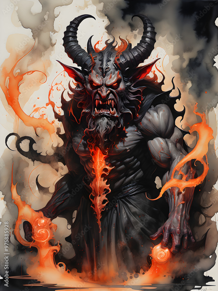 Asmodeus, Behemoth, Beelzebub, Lucifer, Salanus, Asmodeus, Belial, who look like demons with ...