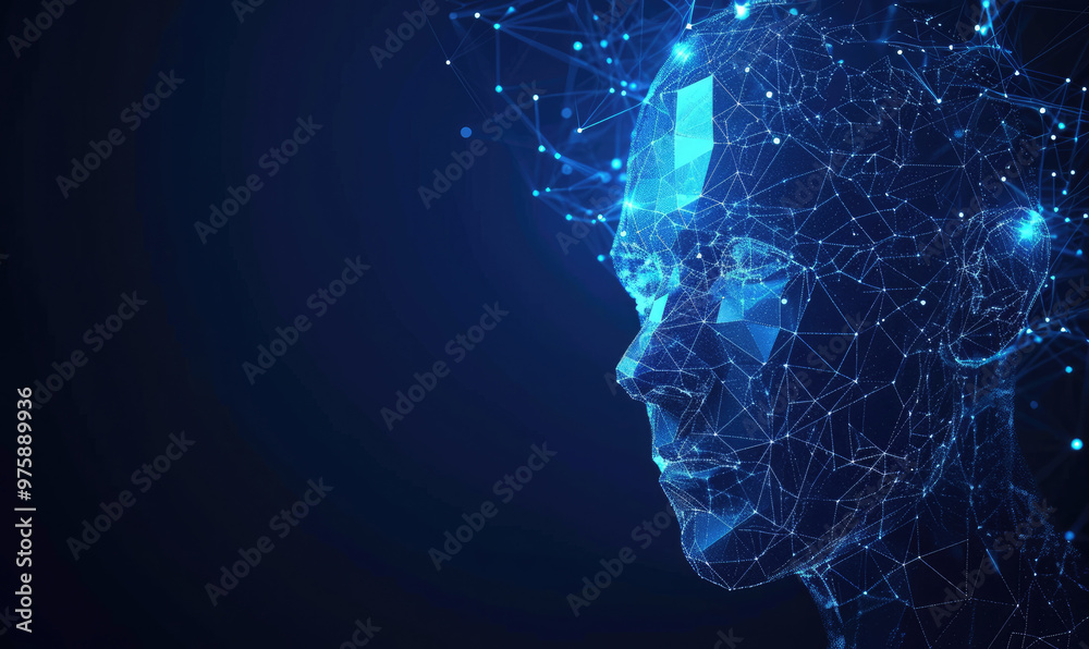 Human head created in low poly style. Man face polygon light. Emotional ...