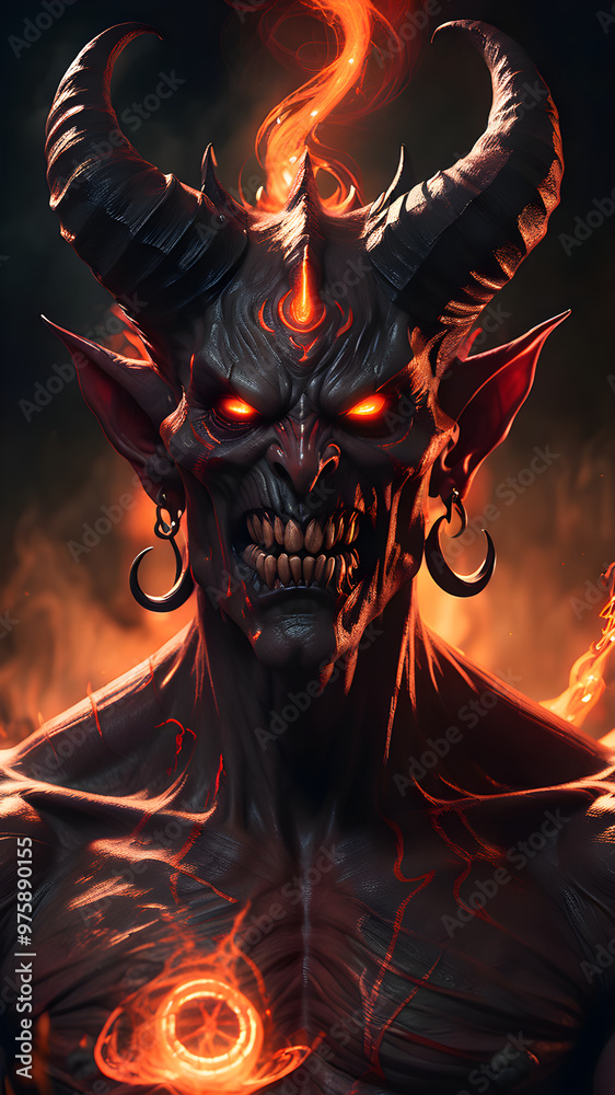 Asmodeus, Behemoth, Beelzebub, Lucifer, Salanus, Asmodeus, Belial, who look like demons with ...