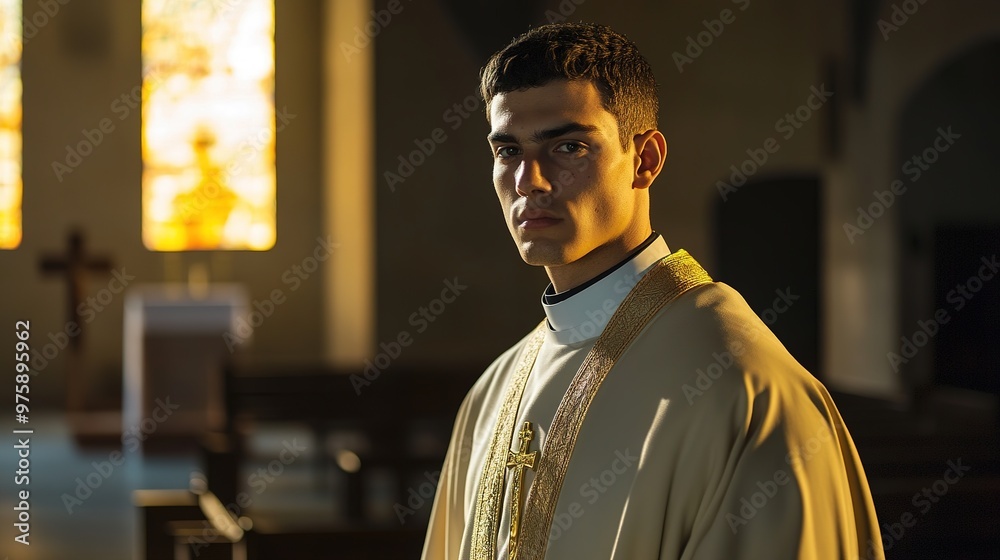 A modern portrait of a young Catholic priest, dressed in traditional ...