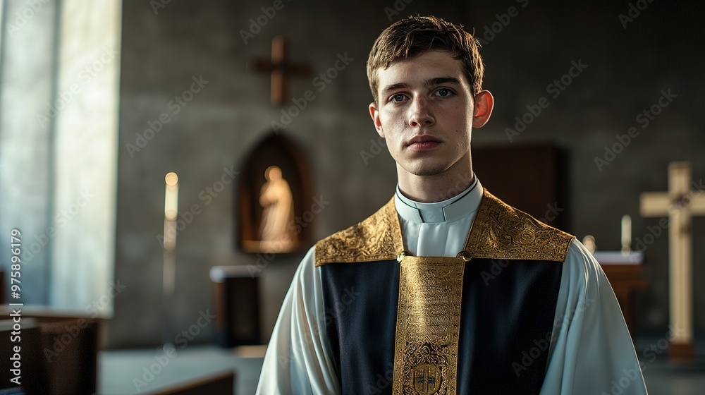 A modern portrait of a young Catholic priest, dressed in traditional ...