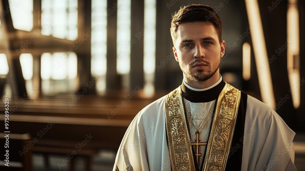 A modern portrait of a young Catholic priest, dressed in traditional ...