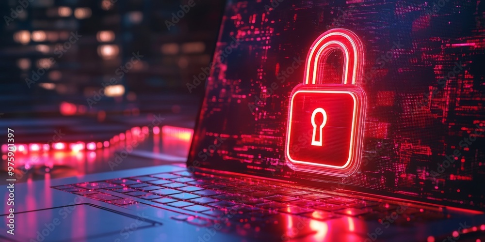 Laptop screen showing a secure lock symbol, with a digital matrix ...