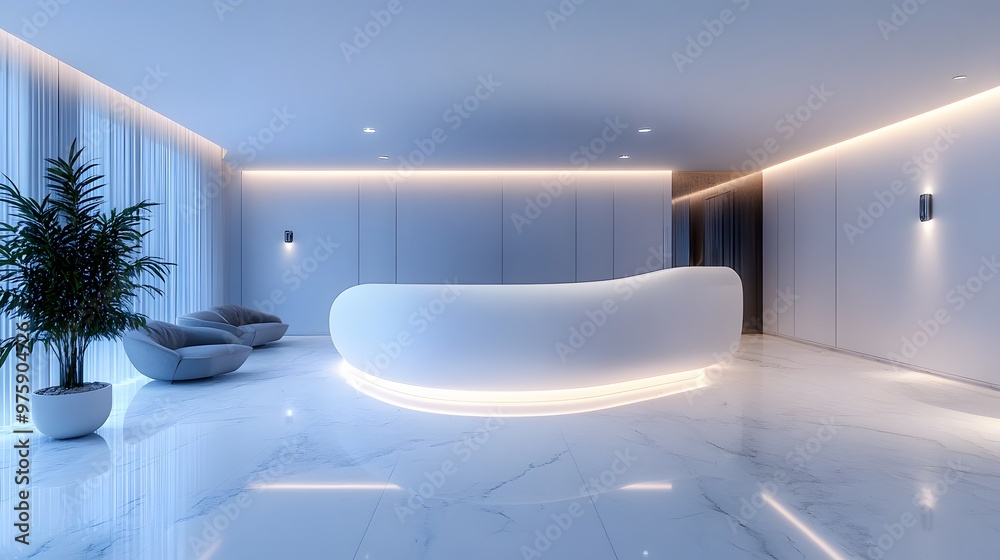 A modern reception area features an all-white interior with a curved ...