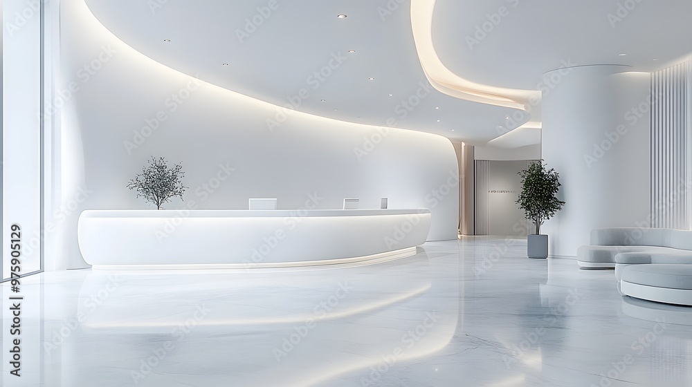 A modern reception area features an all-white interior with a curved ...
