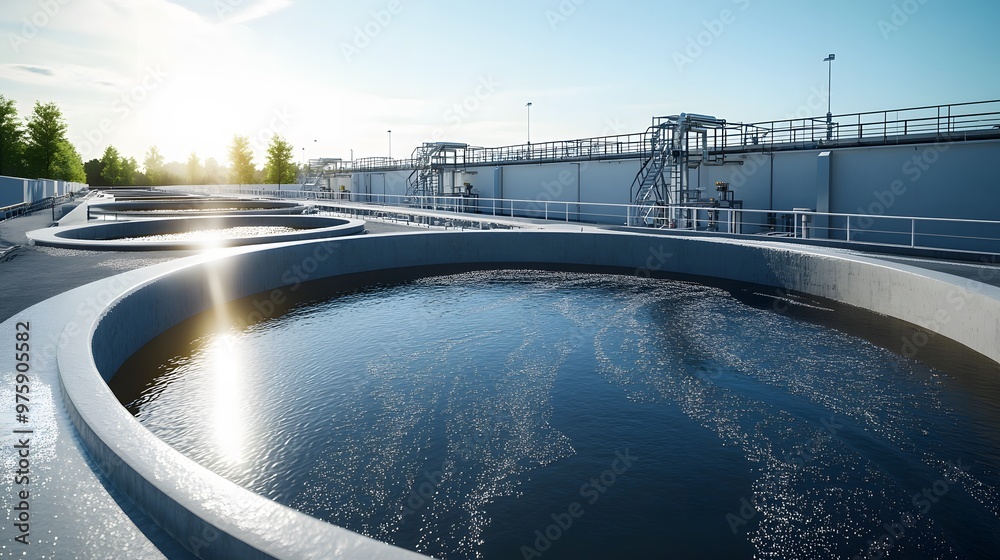 A bright wastewater treatment plant under a clear blue sky showcases ...