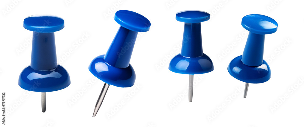 Four blue push pins isolated on a white background, commonly used for ...