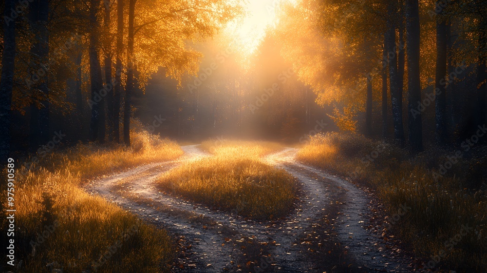 A sunlit forest crossroads reveals three diverging paths under bright ...