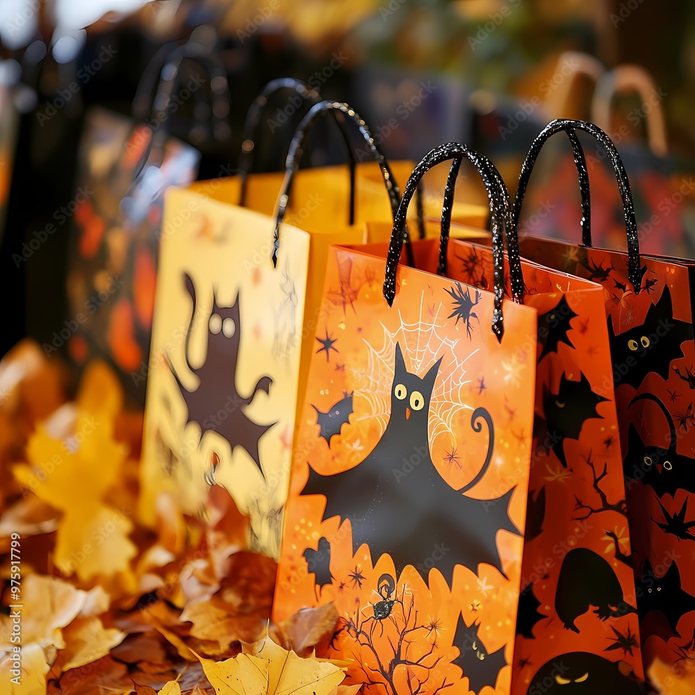Spooky Halloween Shopping Bags Amid Autumn Leaves - Witches, Ghosts ...
