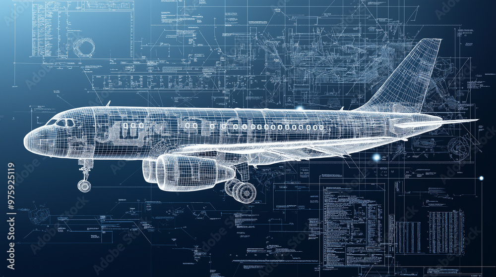 A detailed wireframe 3D vector of an aircraft, with separated layers ...