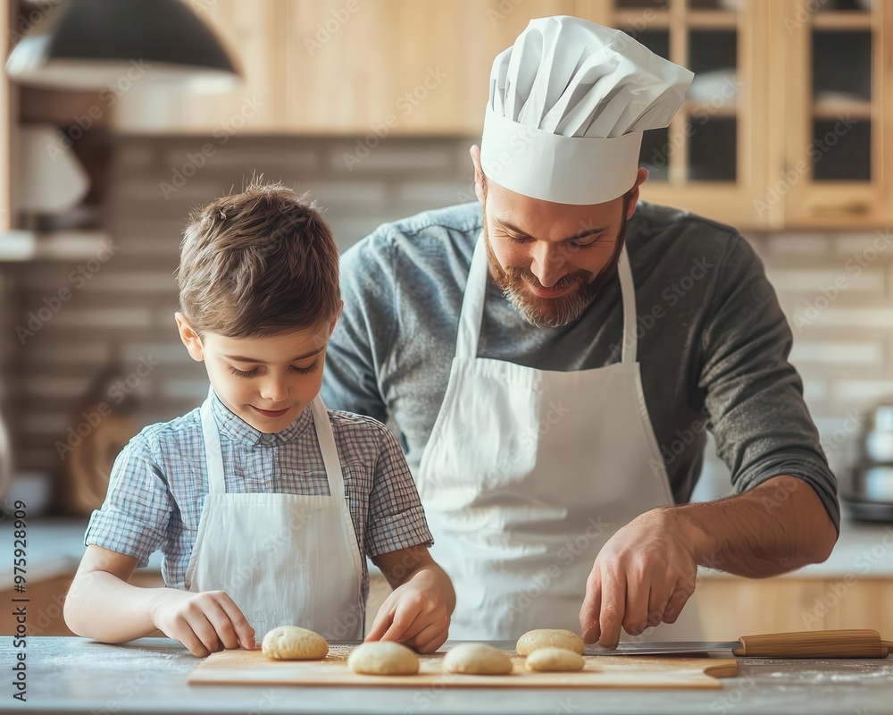 Father-son duo cooking together in the kitchen, father giving ...