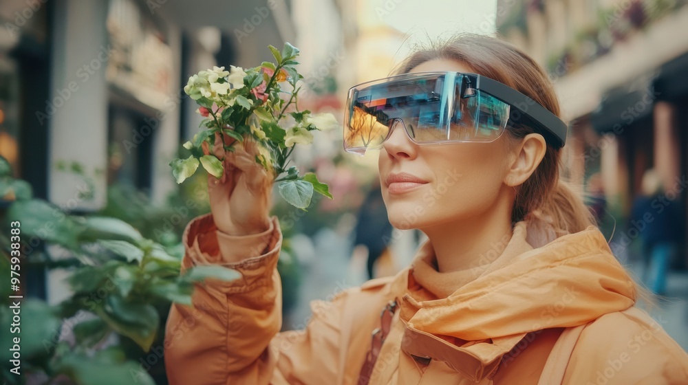 Exploring Augmented Reality as a Woman Interacts With Flowers in a ...