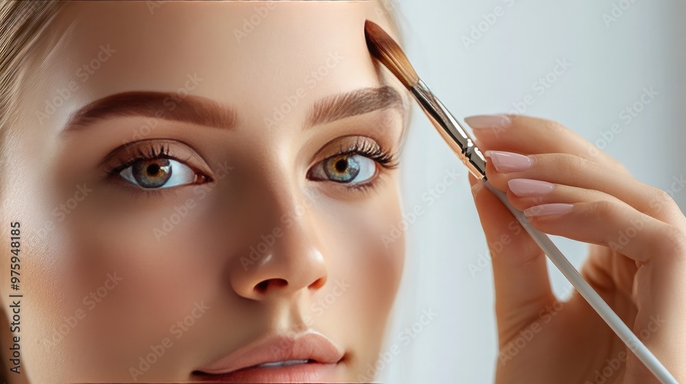 A makeup artist is shaping a young, attractive blonde who has flawless ...