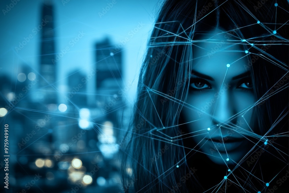 Woman with blue digital mesh overlay on her face with a futuristic cityscape intersection of ...