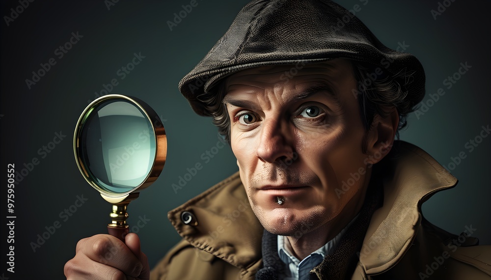 Serious detective unraveling mysteries with an oversized magnifying ...