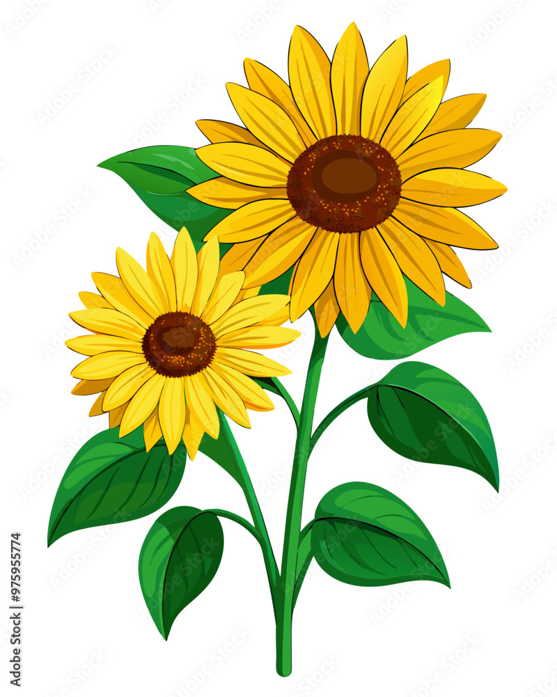 sunflowers buds, yellow petals blooming, green stems with leaves ...