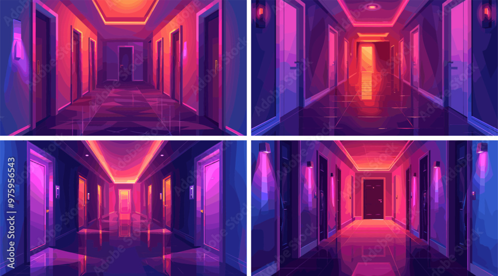 Mystery dark corridor cartoon vector scenes. Doors tunnel office purple ...