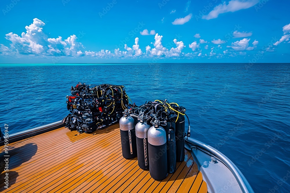 A dive boat setting out for the day, with scuba gear stacked on deck ...