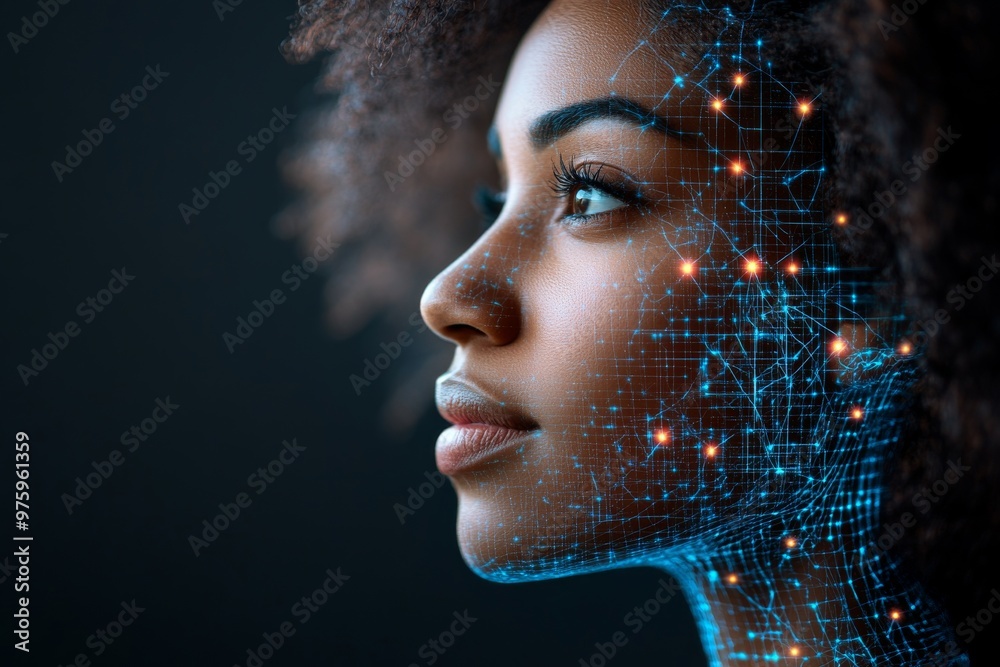 Side profile of a woman with digital data points mapping her face ...