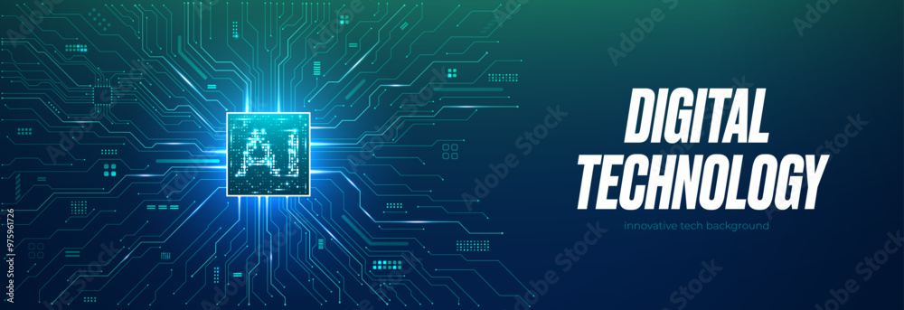 AI semiconductor on circuit tech background. AI chip light neon effect ...