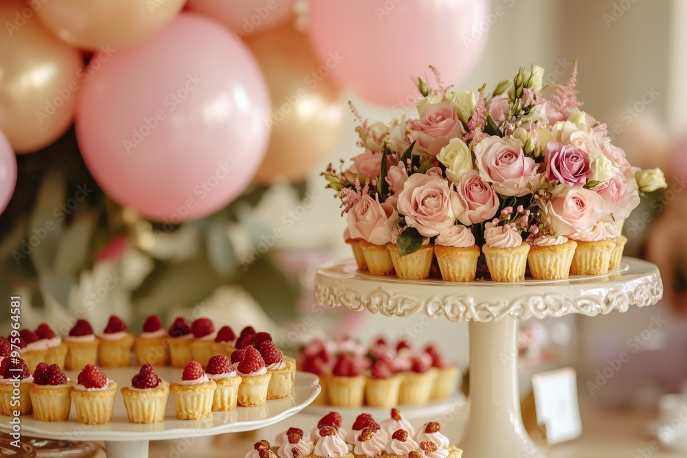 Wedding catering with tartlets, desserts, flowers, balloons, table ...