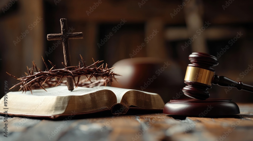 Powerful symbols of faith and law--a crown of thorns, cross, Bible, and ...