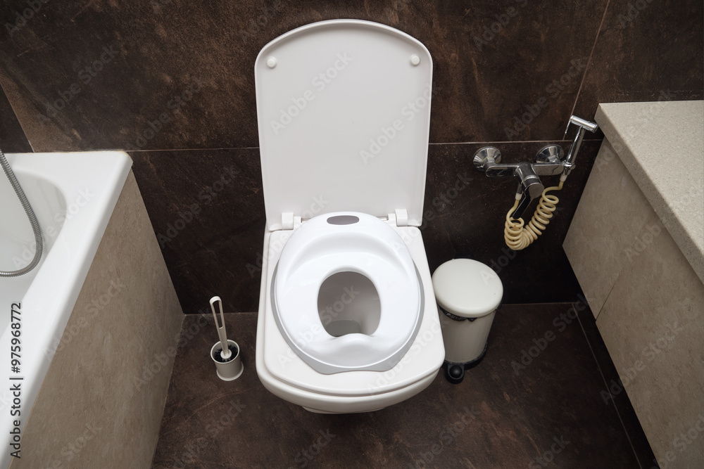 Open white toilet with child potty seat attachment in a bathroom ...