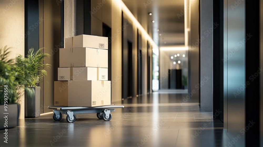 Stacked cardboard boxes on a dolly being pushed through a modern office ...