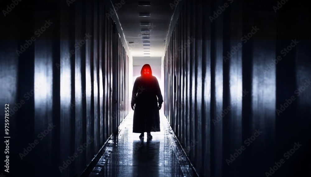 mystery figure with glowing red eyes stands in a dark hallway exuding ...
